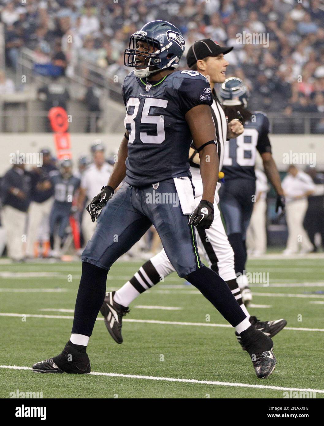 Seattle Seahawks tight end Anthony McCoy (85) reacts after making a ...
