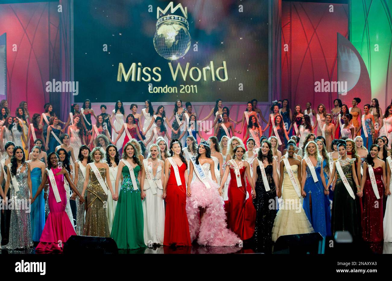 Miss Venezuela, Ivian Sarcos, center, surrounded by Miss World 2011 ...