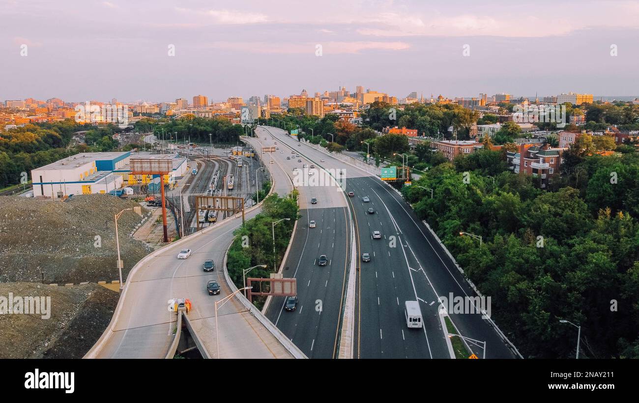 An aerial view of overlapping highways and roads in downtown Baltimore ...