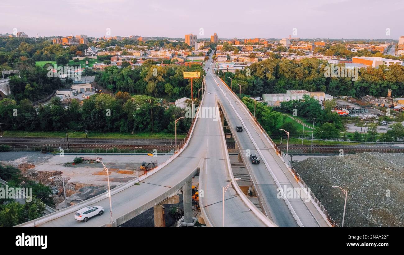 An aerial view of overlapping highways and roads in downtown Baltimore ...