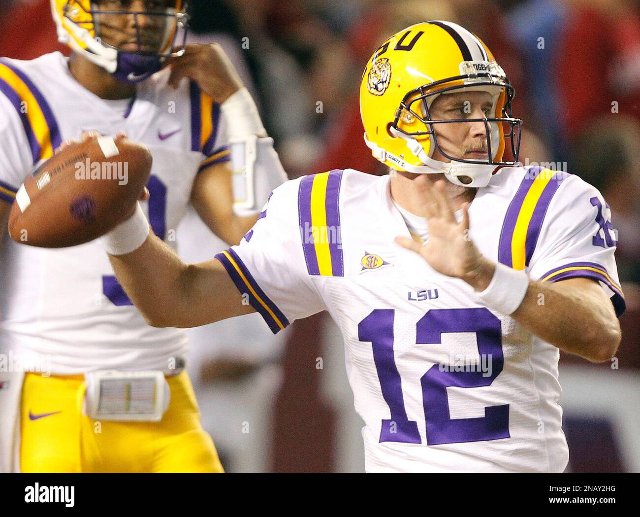 LSU quarterback Jarrett Lee (12) works before the first half of an NCAA ...