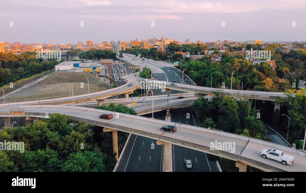 An aerial view of overlapping highways and roads in downtown Baltimore ...