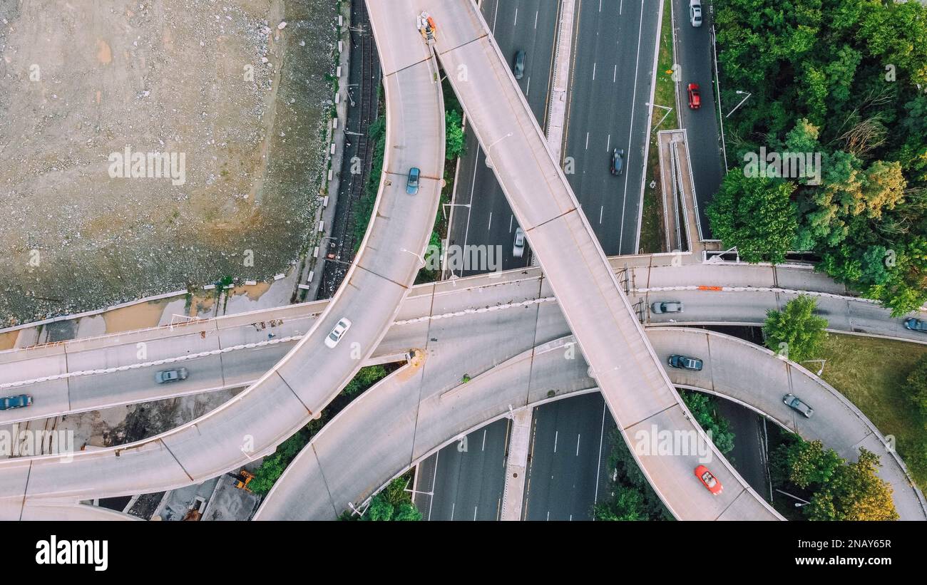 An aerial view of overlapping highways and roads in downtown Baltimore ...