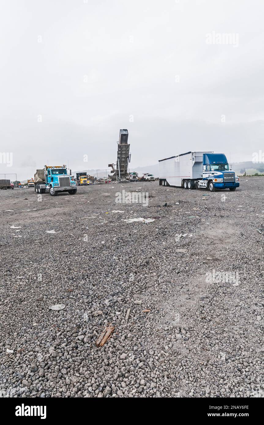 A semi-trailer tipper is dumping trash from a trailer container while ...