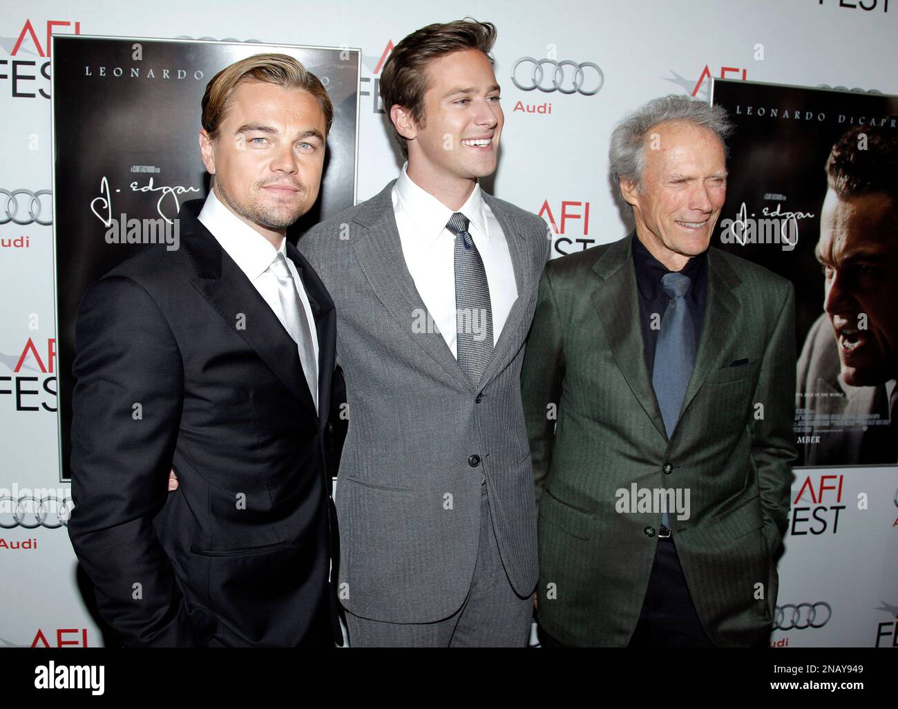 Cast members Leonardo DiCaprio, left, Armie Hammer, center, and ...