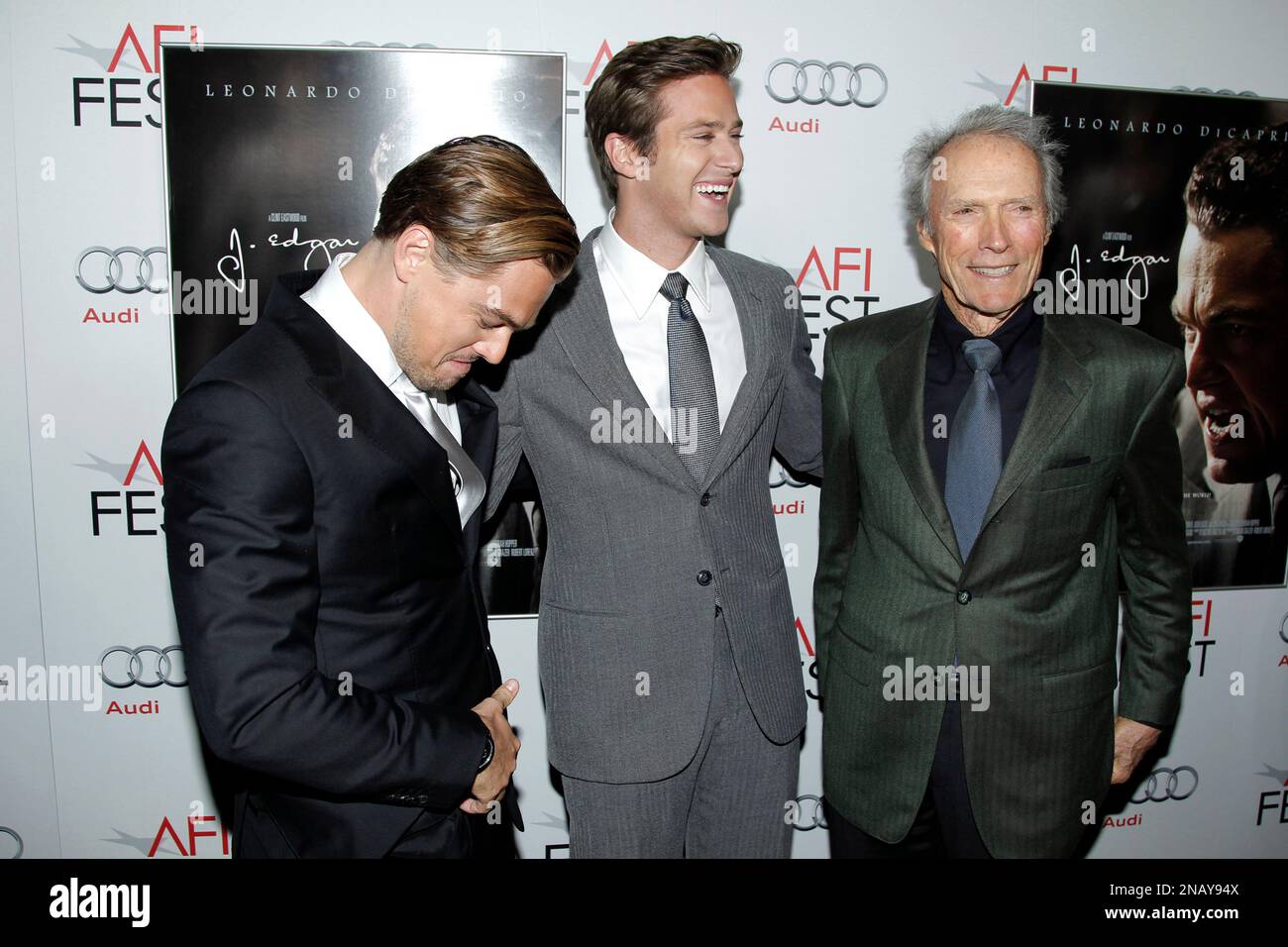 Cast members Leonardo DiCaprio, left, Armie Hammer, center, and ...