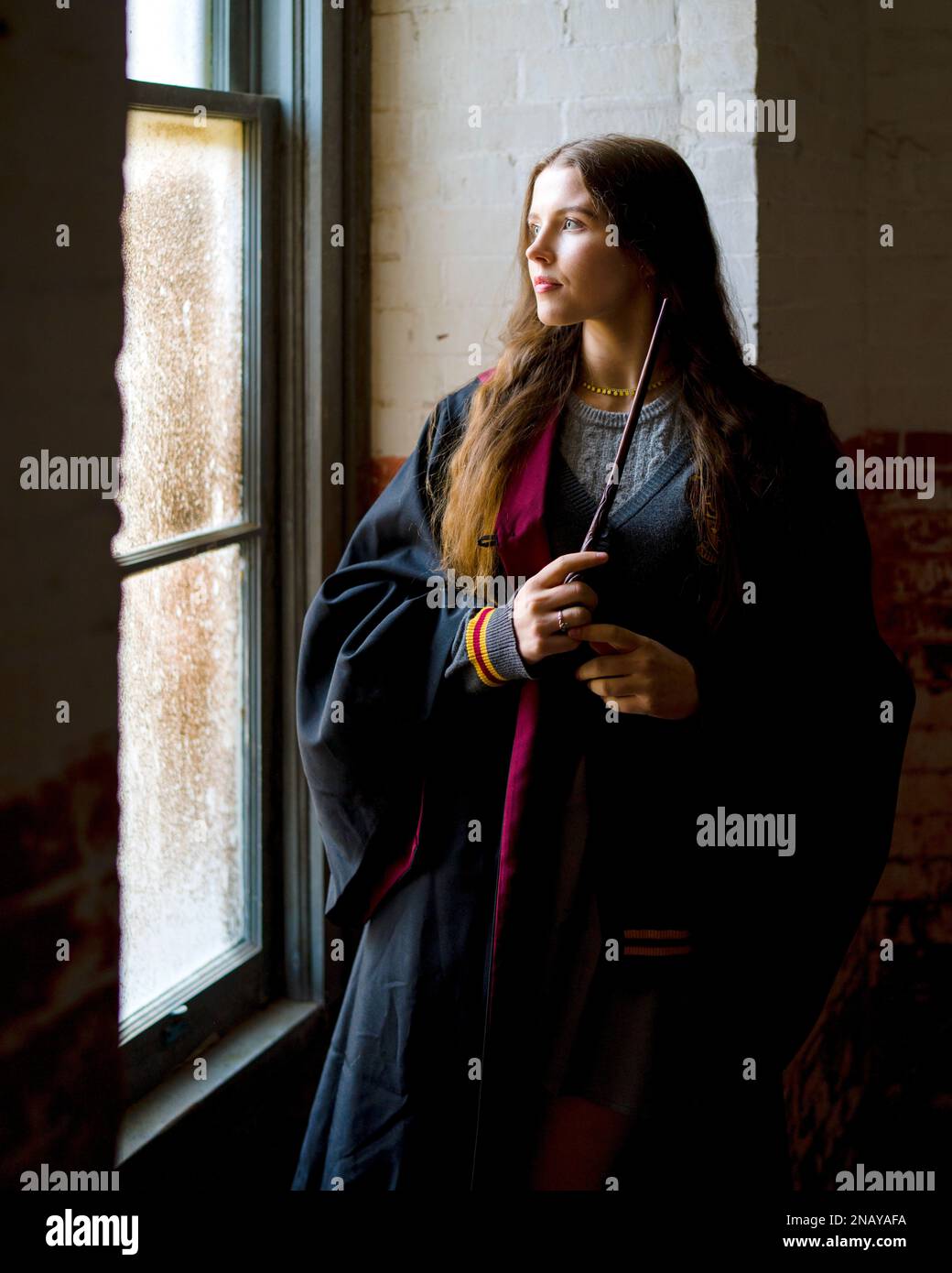 Young Gryffindor Witch Standing | Window Light | Holding Wand Stock ...
