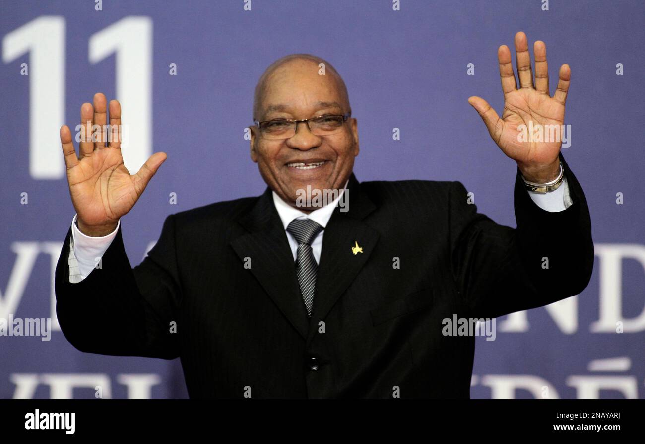 South African President Jacob Zuma waves as he arrives for a working ...