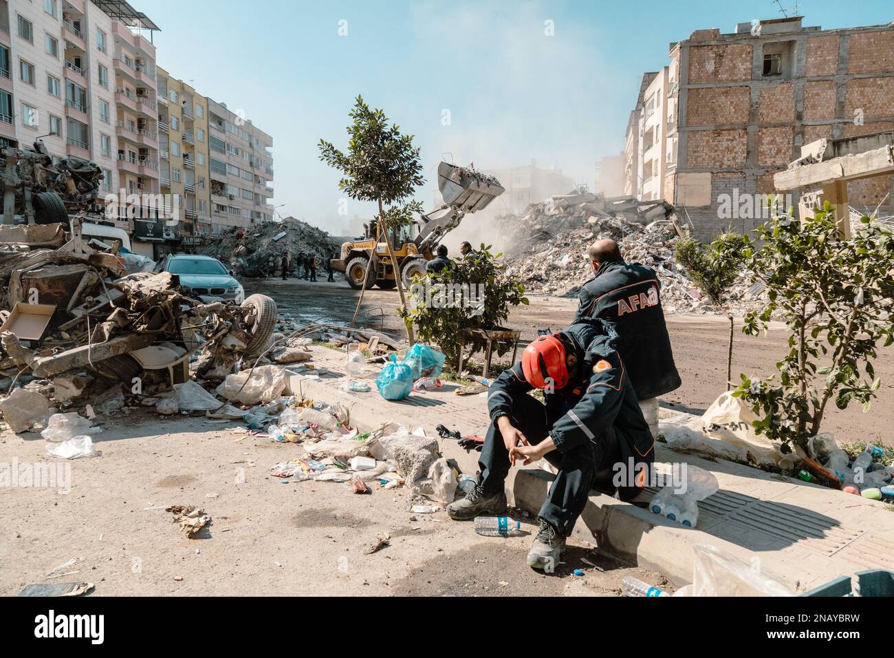 Antakya, Turkey. 12th Feb, 2023. An exhausted rescue worker from the ...