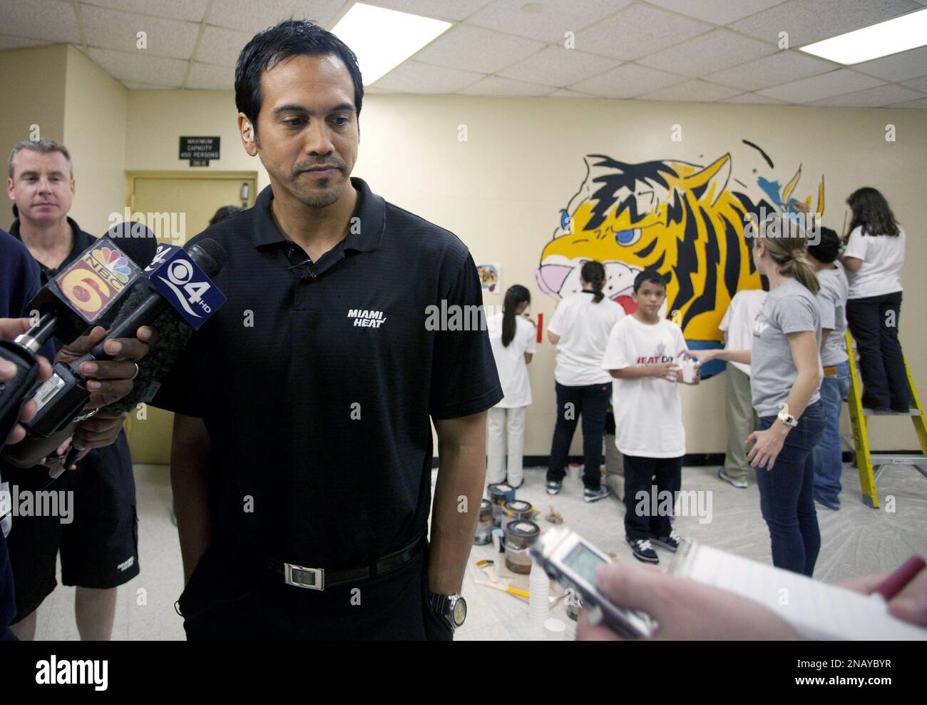 Miami Heat basketball coach Erik Spoelstra talks to the media at W.R ...