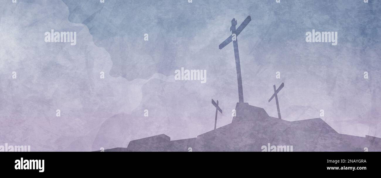 A silhouette of three empty crosses at Calvary, with clouds in ...