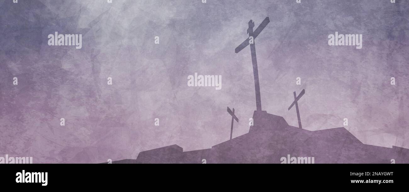A silhouette of three empty crosses at Calvary symbolic of Easter, Good ...
