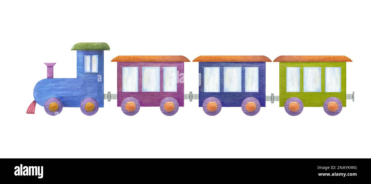 Watercolor illustration of a set of kid wooden train isolated on white ...