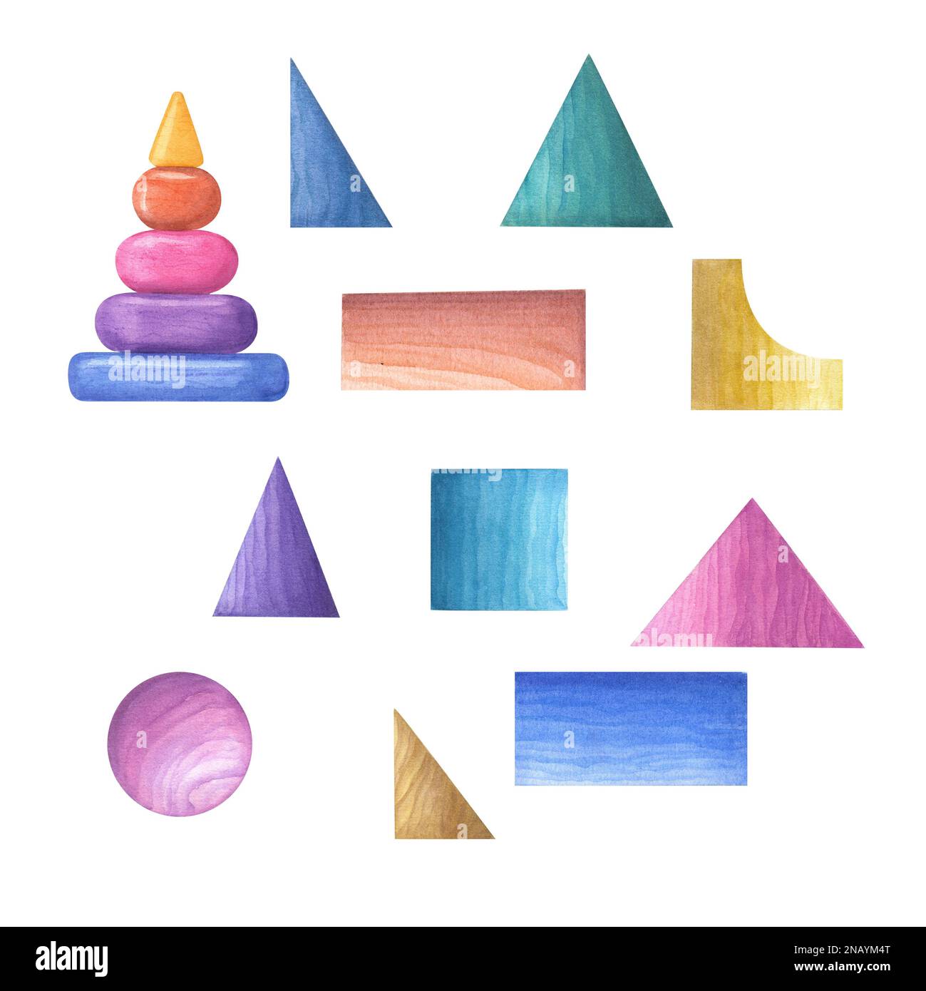 Watercolor illustration of a set of wooden building blocks isolated on ...
