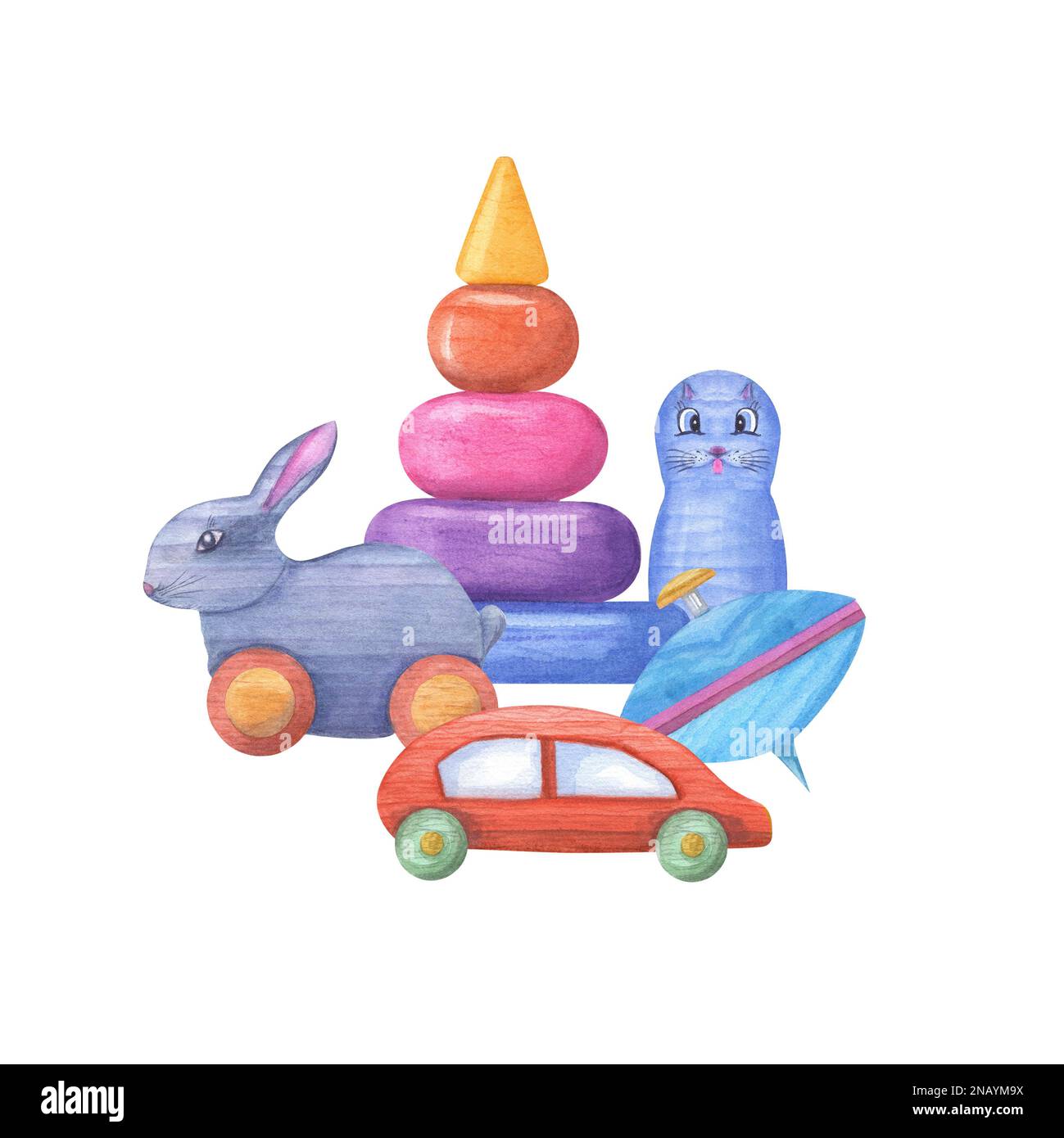 Watercolor illustration of a set of kid wooden toys isolated on white ...