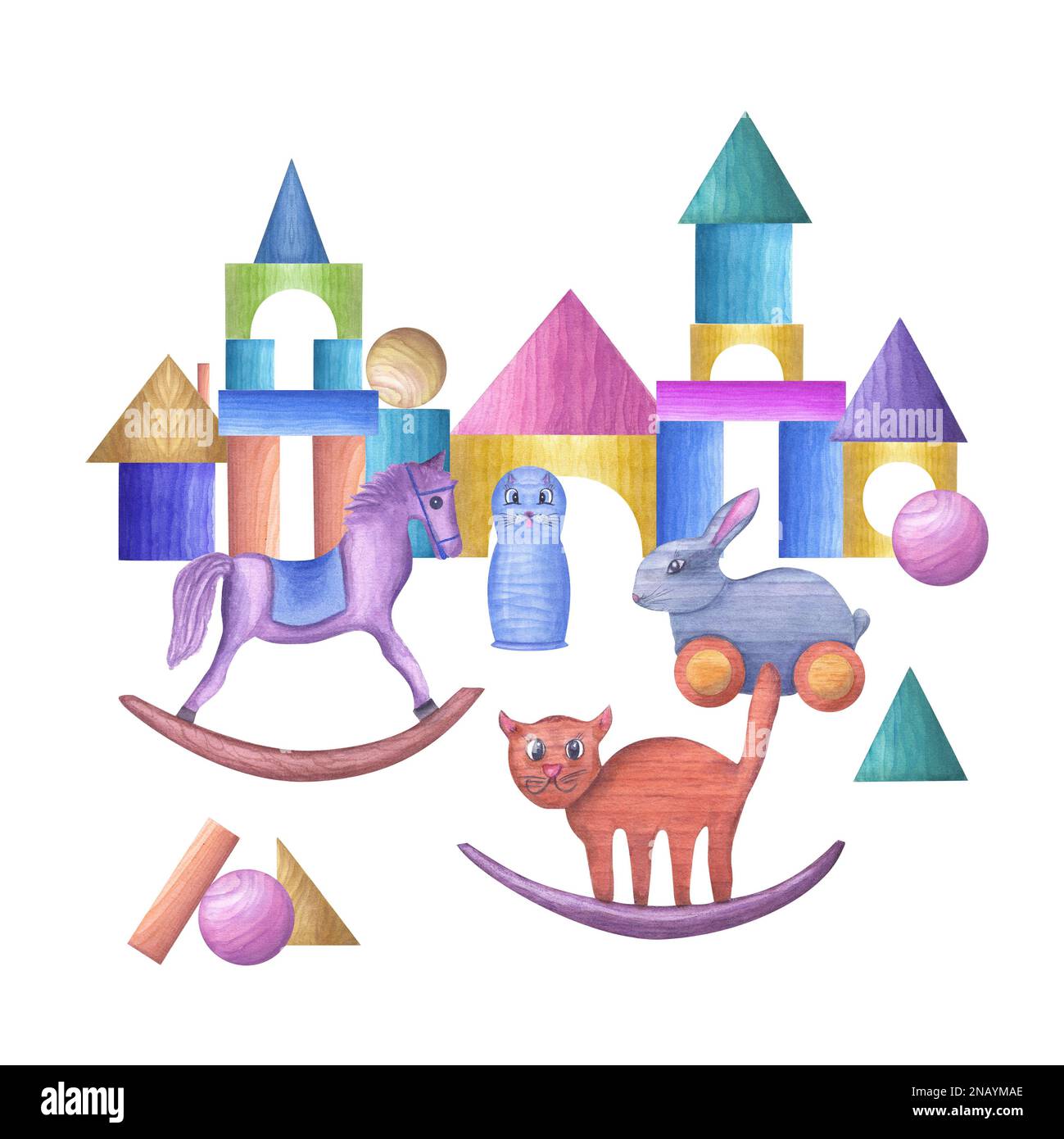 Watercolor illustration of a set of kid wooden toys isolated on white ...