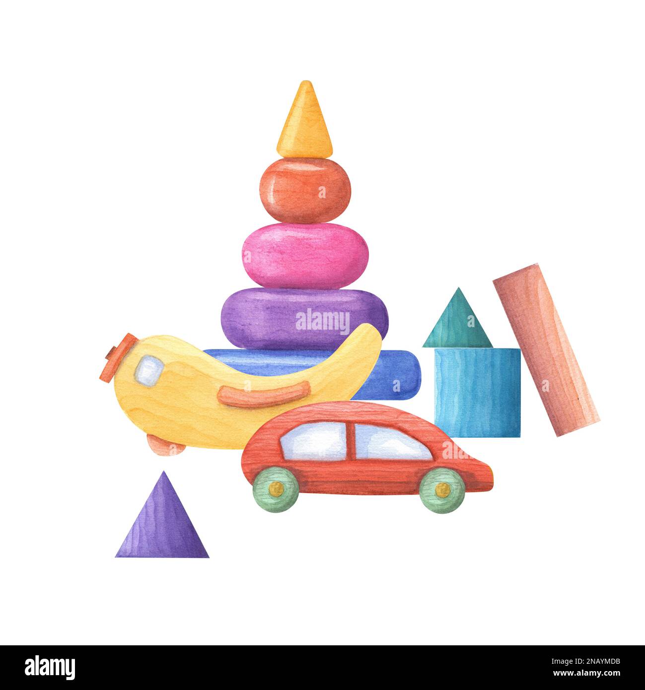 Watercolor illustration of a set of kid wooden toys isolated on white ...