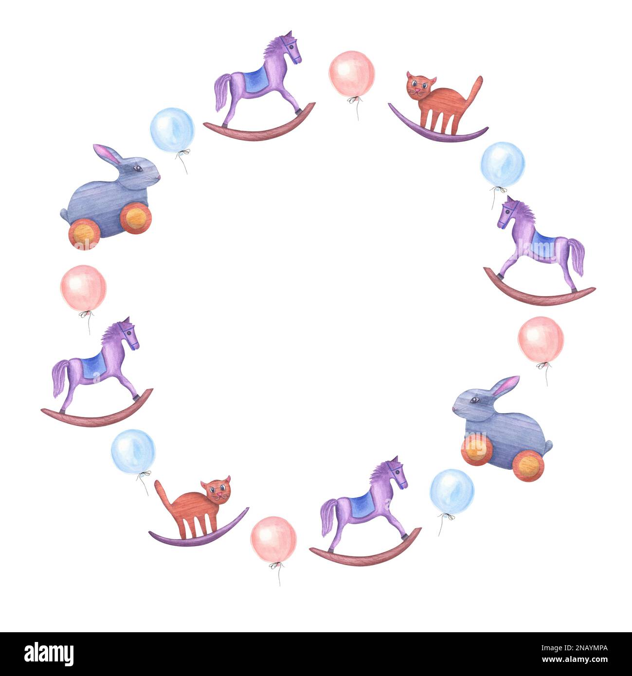Watercolor wreath with kid wooden toys isolated on white background ...