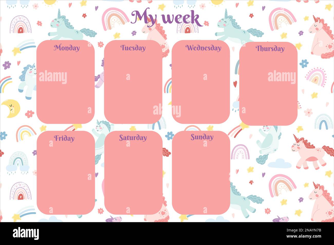 Weekly planner with cute rainbows and unicorns in cartoon flat style ...