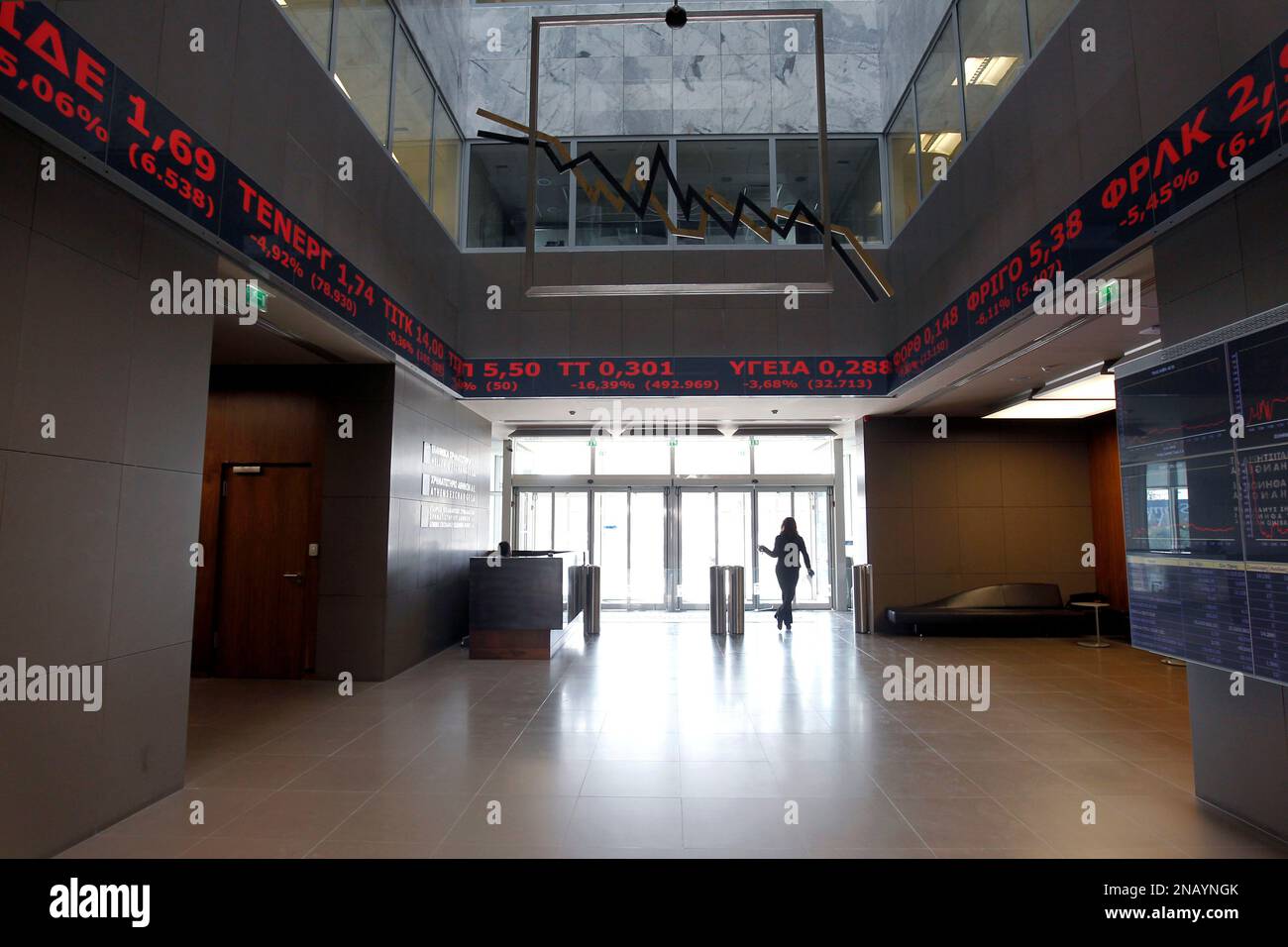A woman walks under screens showing falling stocks at the Athens Stock ...