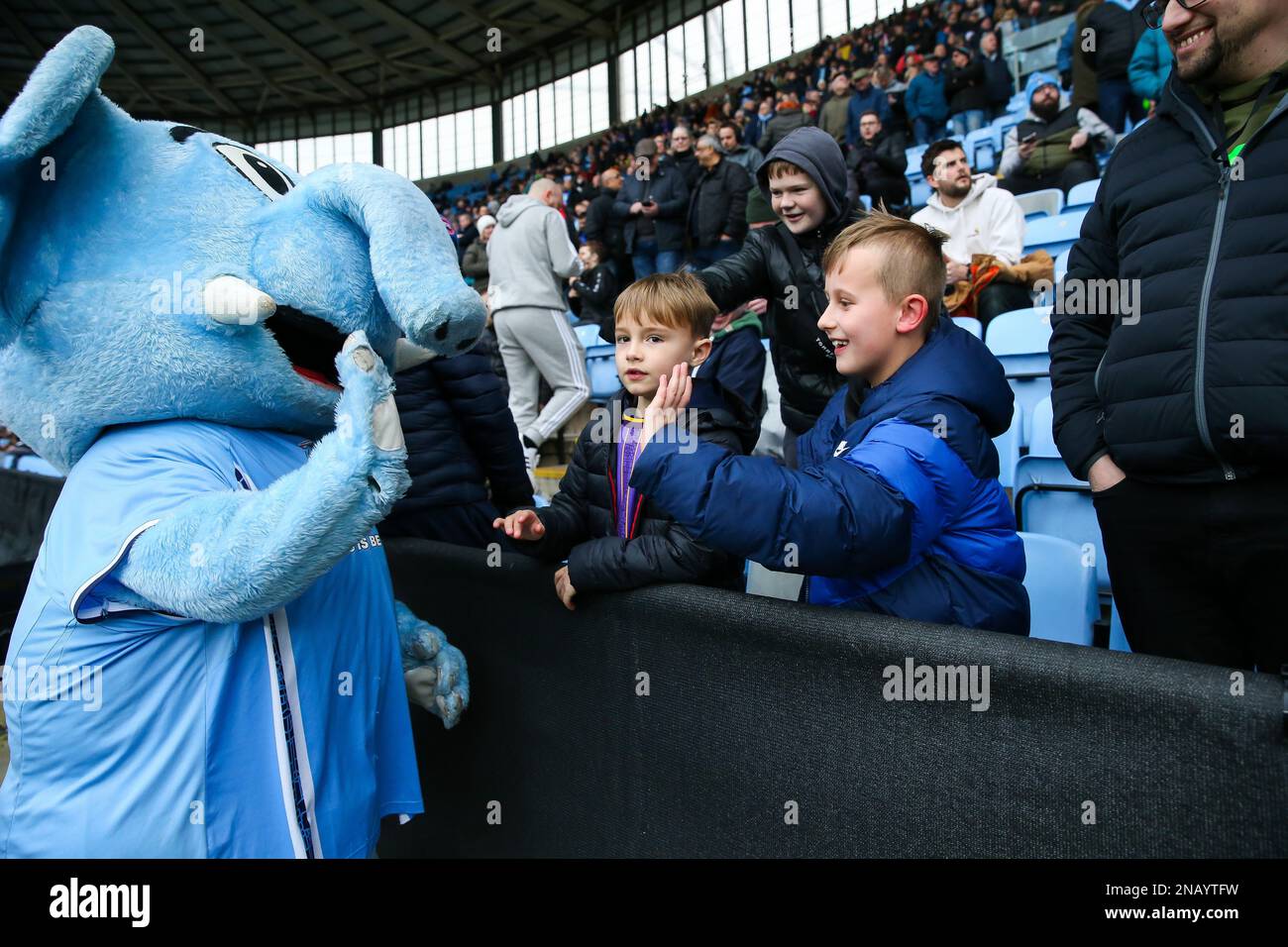 Coventry City mascot Sky Blue Sam interacts with fans at half-time ...