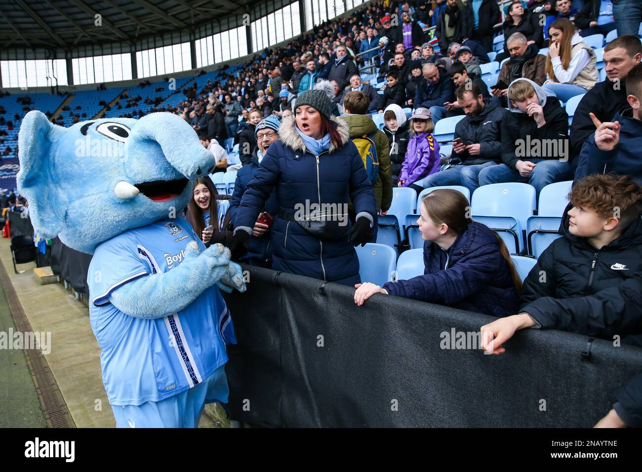 Coventry City mascot Sky Blue Sam interacts with fans at half-time ...