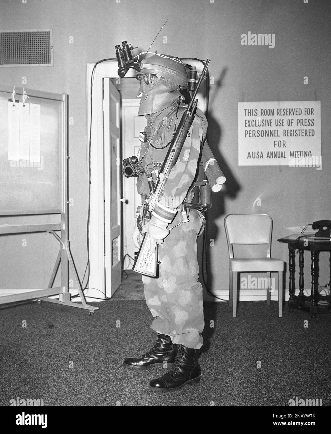 A soldier in Washington on August 3, 1959, models a uniform and ...
