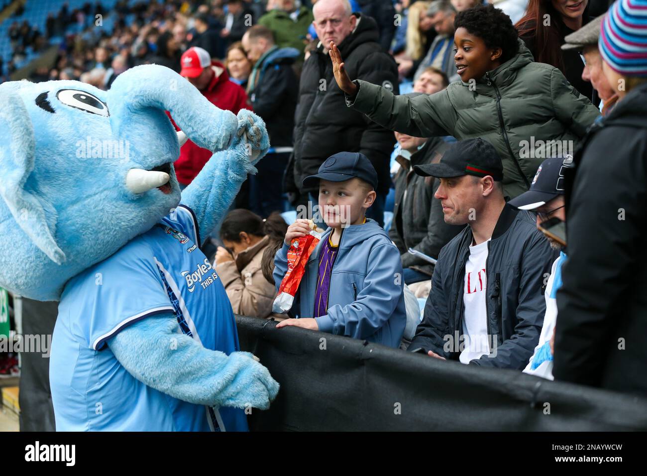 Coventry City mascot Sky Blue Sam interacts with fans at half-time ...