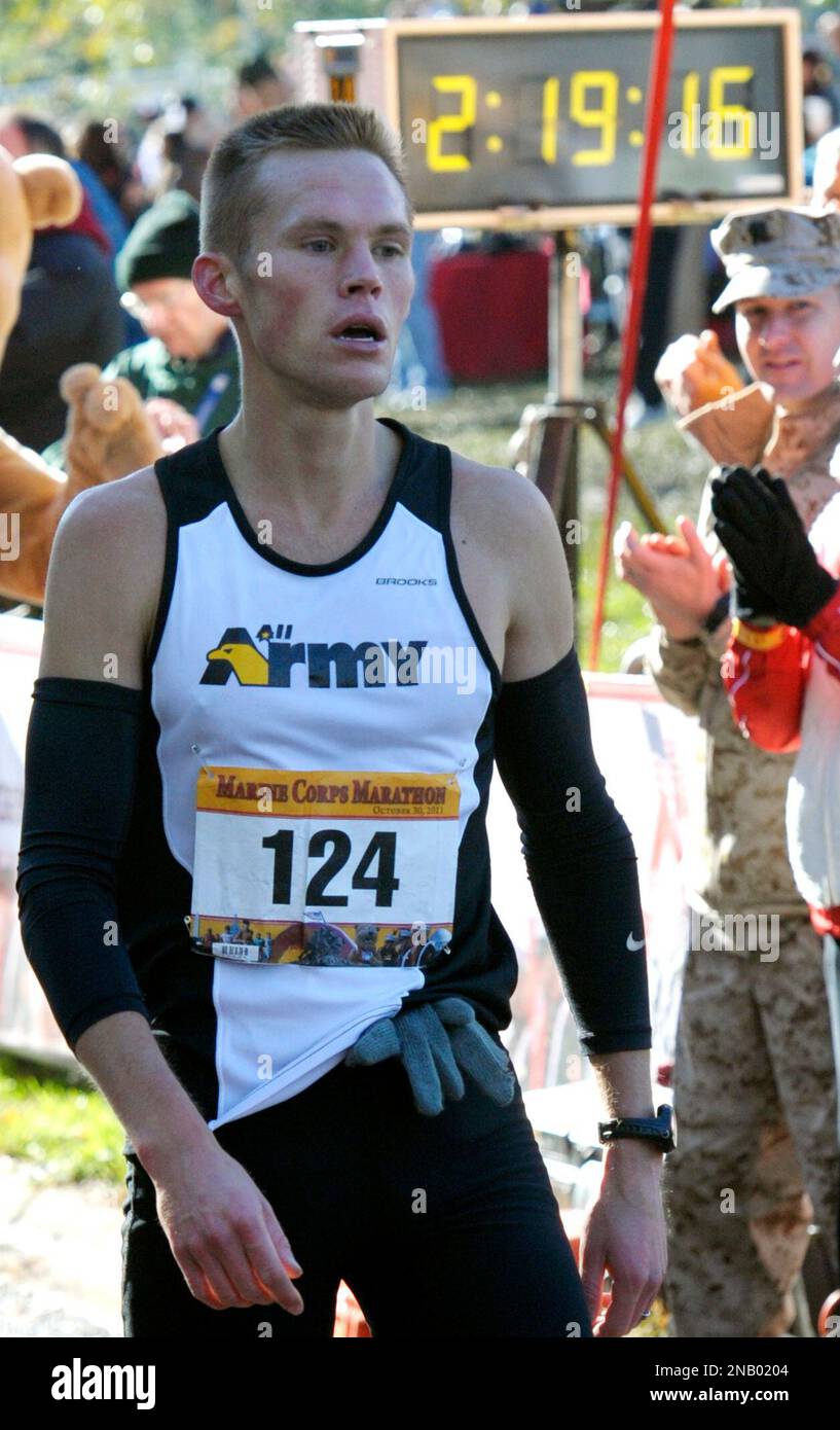 Chad Ware's race winning time is shown on the official clock, 2:19:16 ...