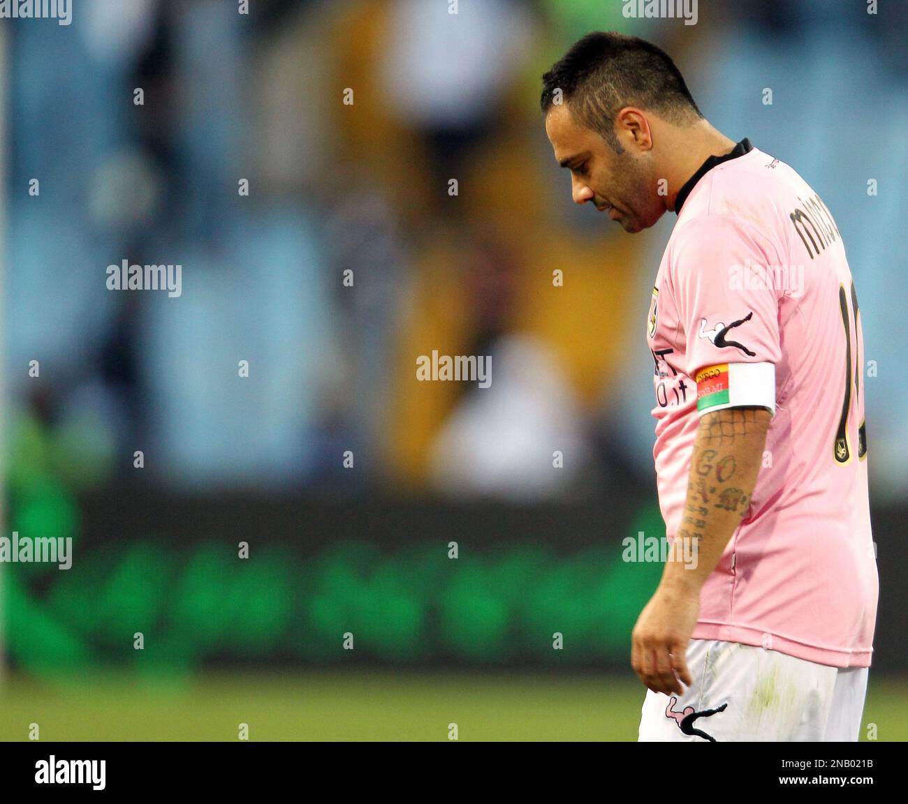 Palermo's Fabrizio Miccoli reacts during a Serie A soccer match between ...