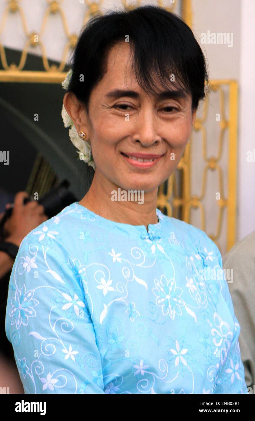 Myanmar's democracy icon Aung San Suu Kyi listens questions from ...