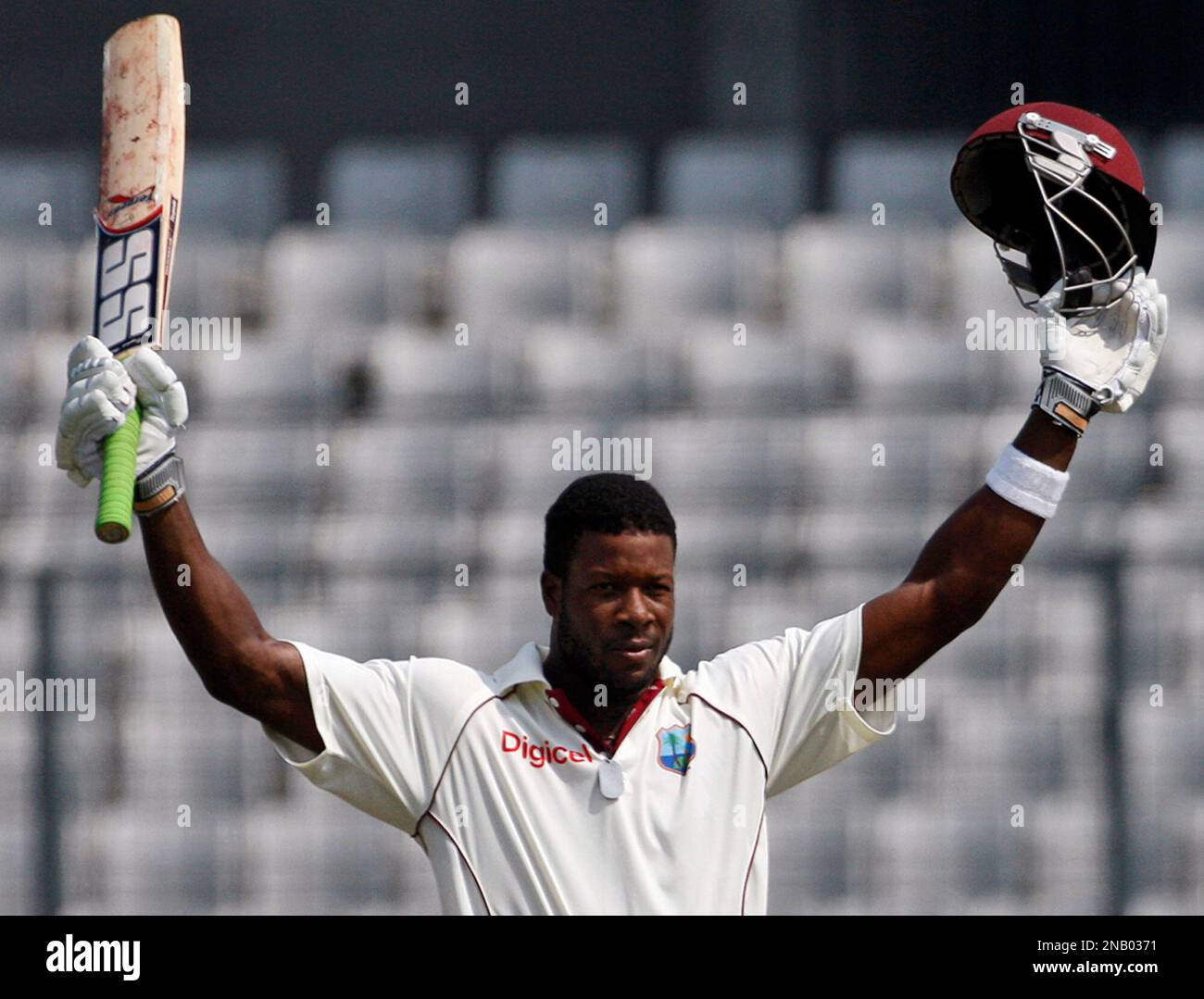 West Indies' Kirk Edwards celebrates after scoring a century during the ...