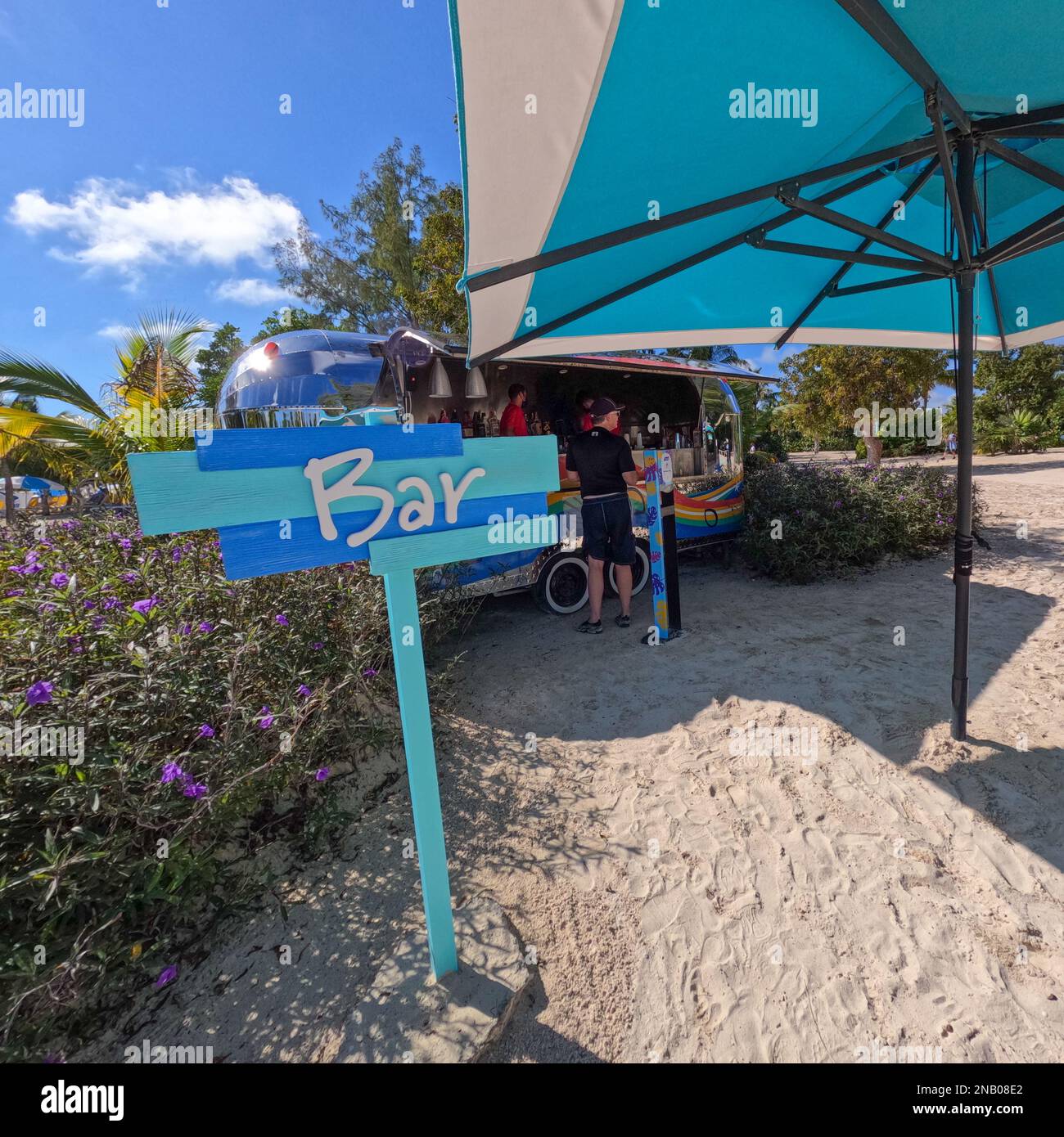 Bahamas - December 7, 2021: A bar in a trailer at Coco Cay which is ...