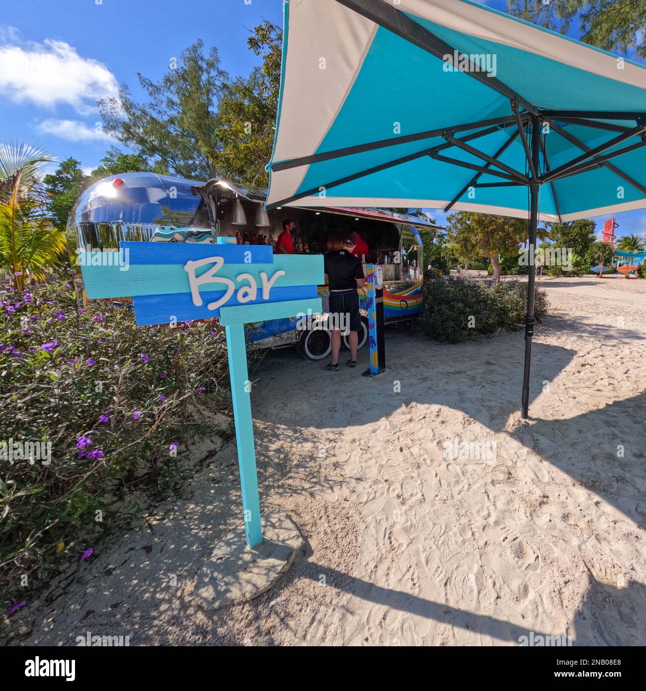 Bahamas - December 7, 2021: A bar in a trailer at Coco Cay which is ...