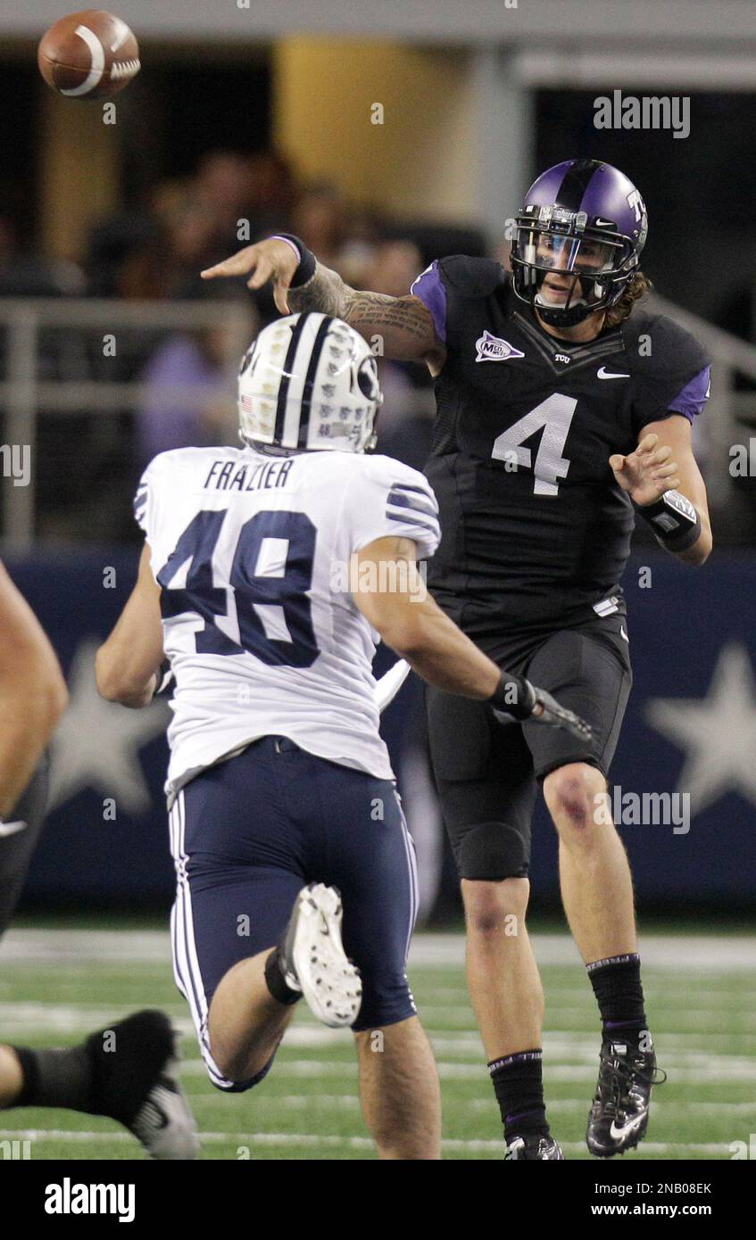 TCU quarterback Casey Pachall (4) passes against BYU linebacker Jameson ...