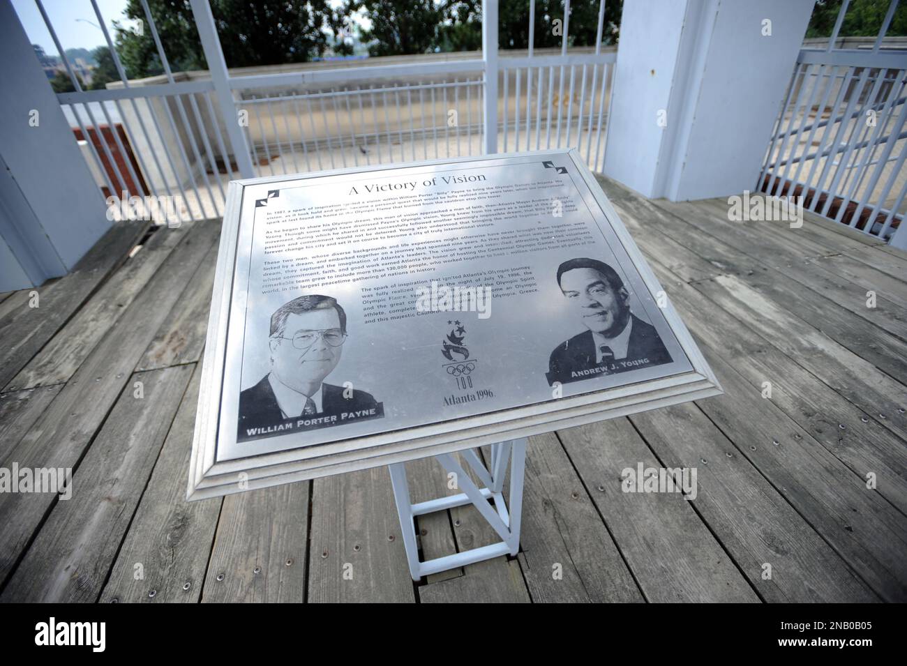 A commemorative plaque is seen at the 1996 Olympic Games cauldron on ...