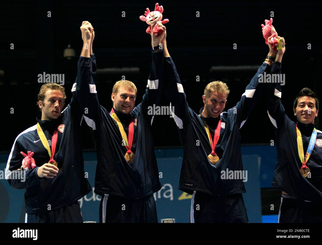 Athletes, gold medal winners, from left, Soren Thompson, Weston Kelsey ...