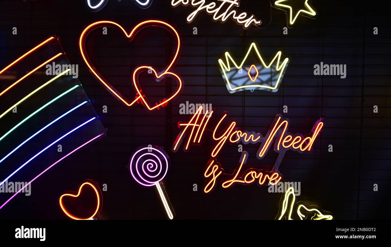Glowing fragment of a neon sign, close-up, abstract background Stock ...