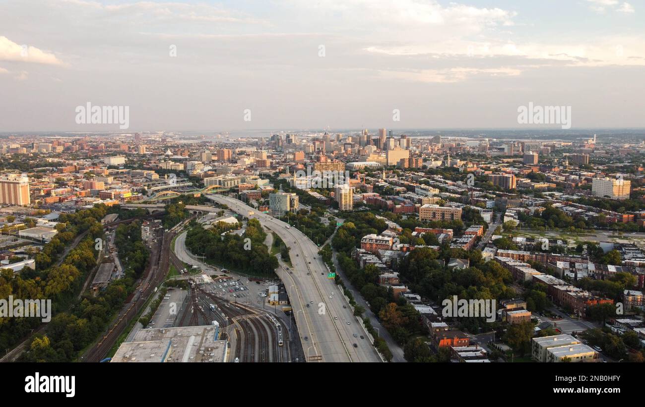 An aerial view of buildings and roads in downtown Baltimore City Stock ...