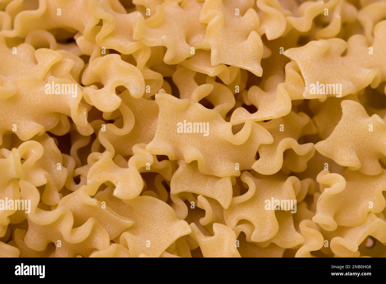 Close-up of a plate full of Italian dry pasta of the short mafalda type ...