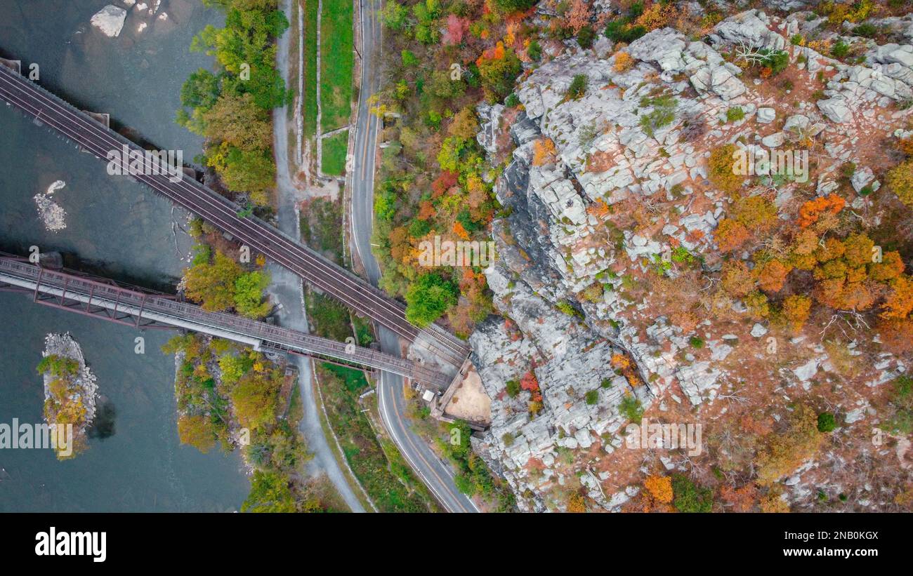 An aerial view of roads near the rocky cliffs with trees near Harpers ...