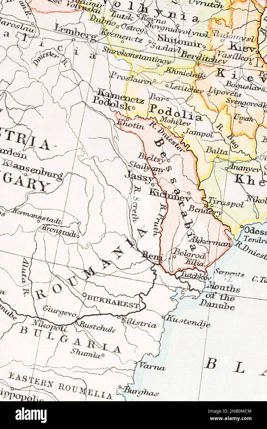 1890s atlas map of Romania, Bessarabia (Moldavia / Moldova), Kishinev ...