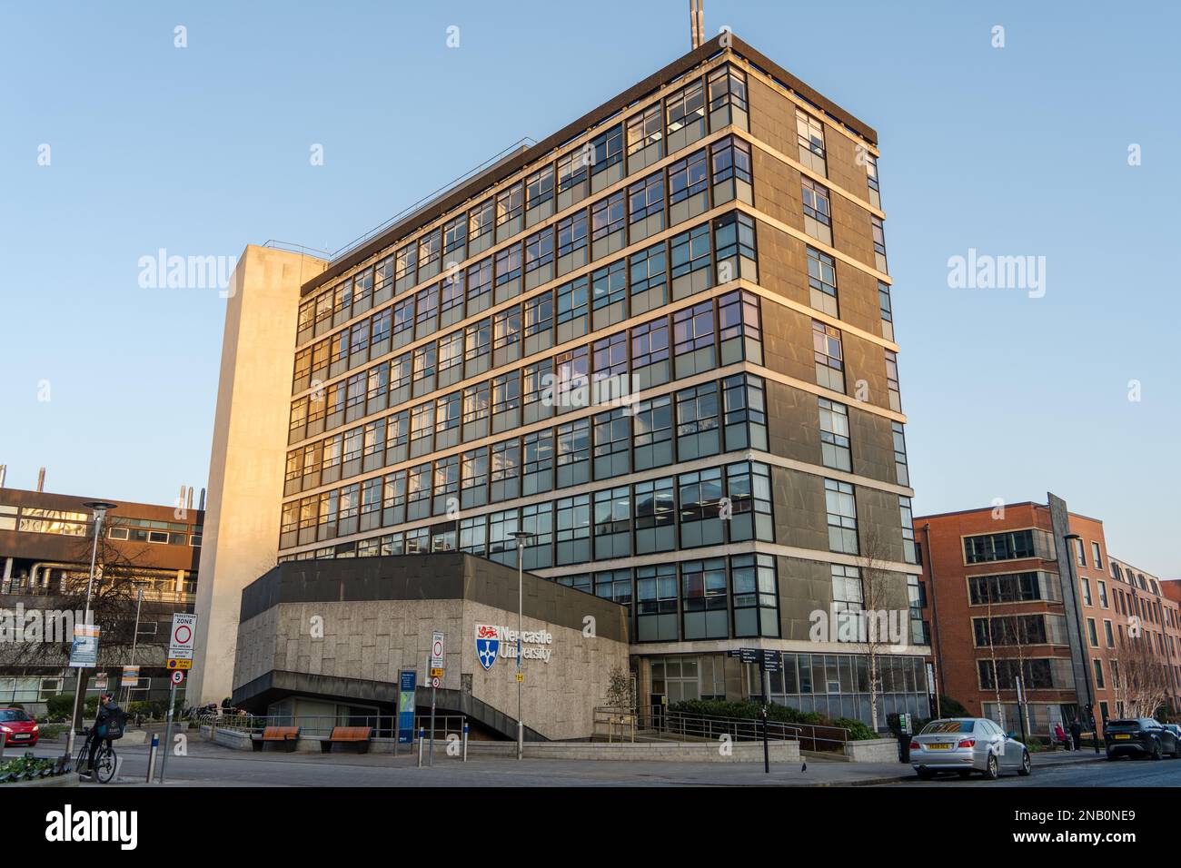 A view of a building on the Newcastle University campus in warm ...