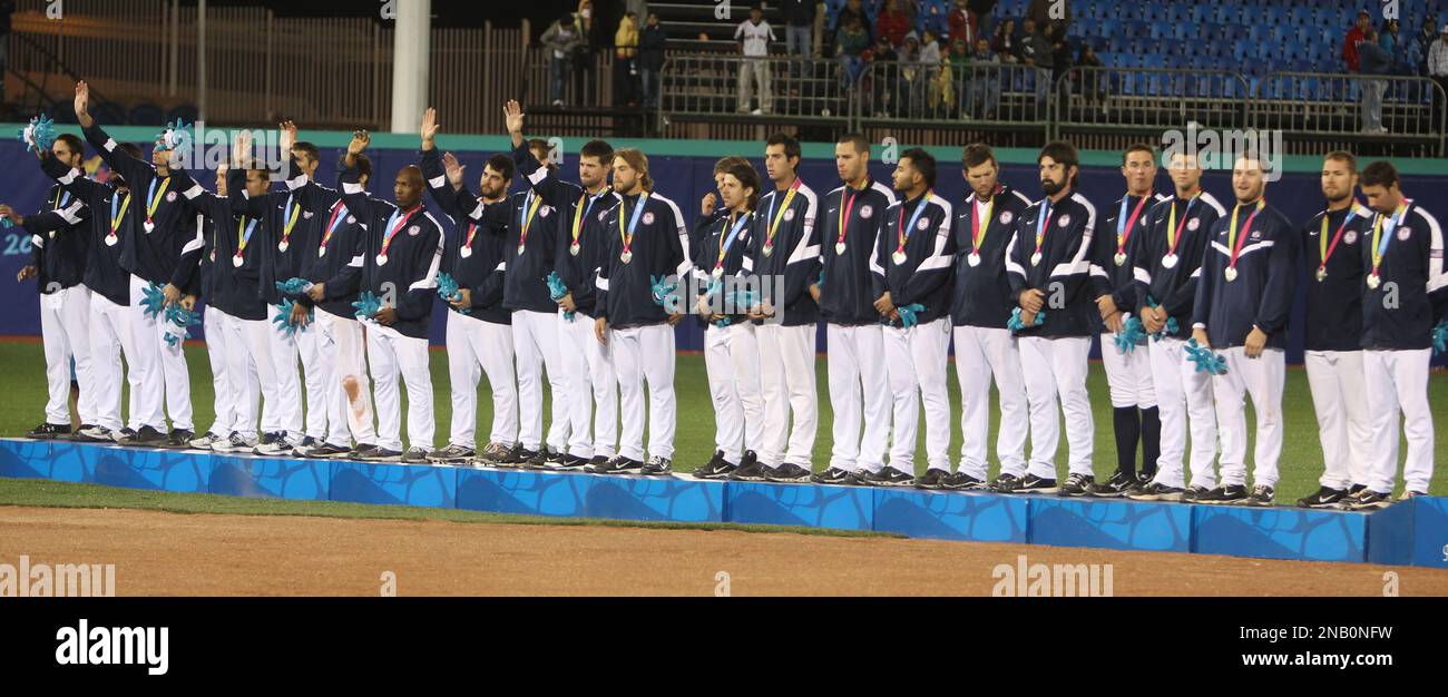 Silver medal winners United States players celebrate on the podium at ...