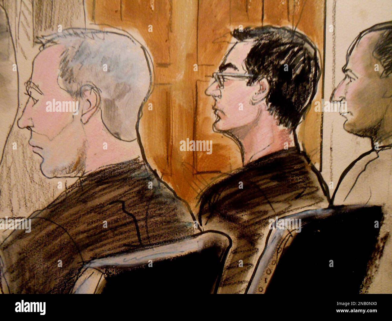 In this courtroom drawing, Richard Melnick, left, William Masso, center ...