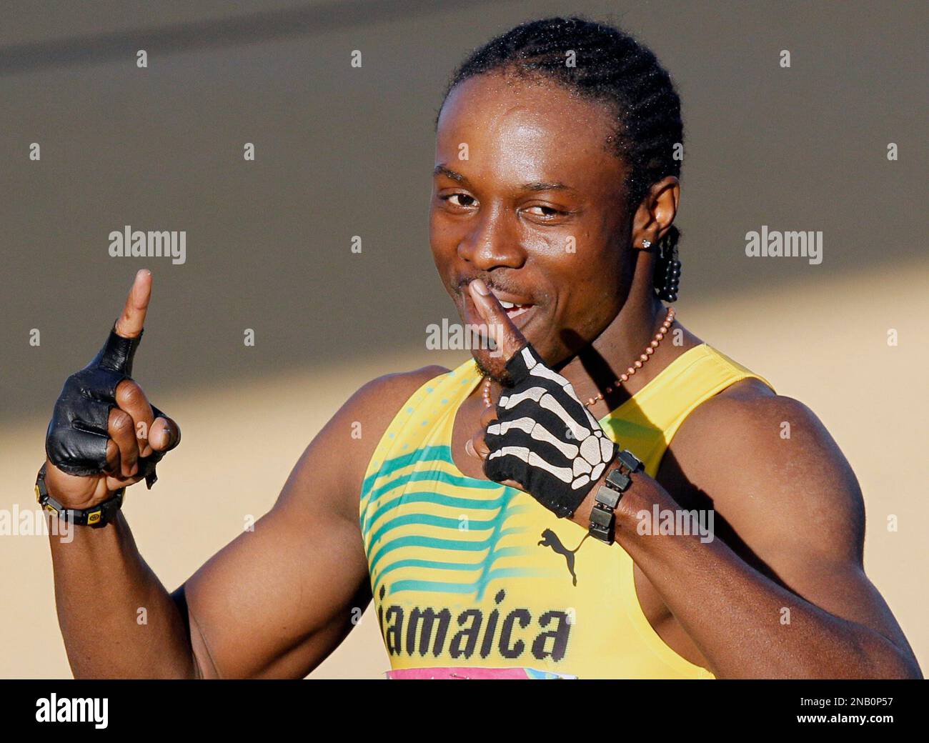 Jamaica's Lerone Clarke celebrates after winning the men's 100m final ...