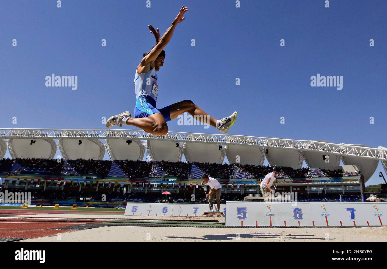 Argentina's Roman Gastaldi stretches to jump during the men's decathlon ...