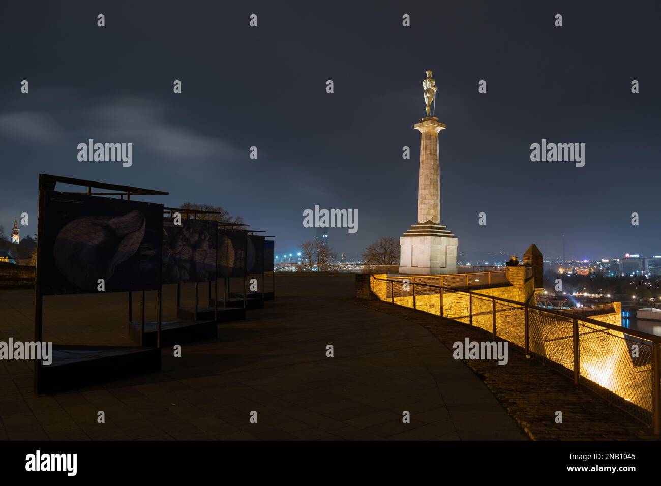 Victor statue at Belgrade park Kalemegdan during night, famous medieval ...