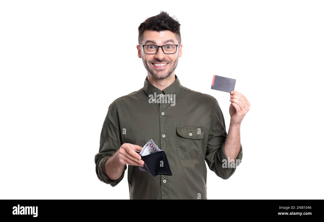 happy man with wallet and card isolated on white background. man ...