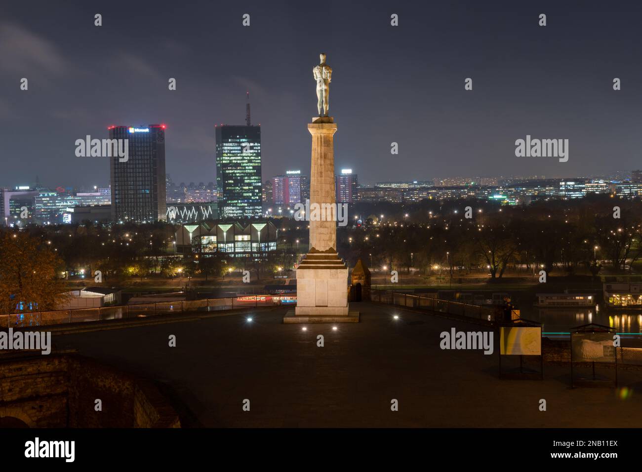Victor statue at Belgrade park Kalemegdan during night, famous medieval ...